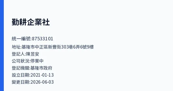 勤耕企業社的照片-統編 87533101(基隆市) 公司登記資料與營業項目詳細圖表