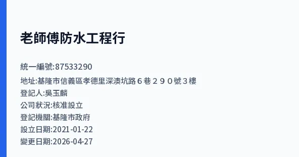 老師傅防水工程行的照片-統編 87533290(基隆市) 公司登記資料與營業項目詳細圖表