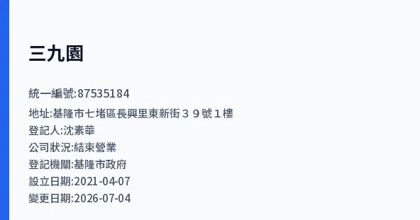 三九園的照片-統編 87535184(基隆市) 公司登記資料與營業項目詳細圖表