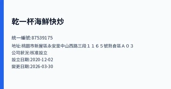 乾一杯海鮮快炒的照片-統編 87539175(桃園市) 公司登記資料與營業項目詳細圖表