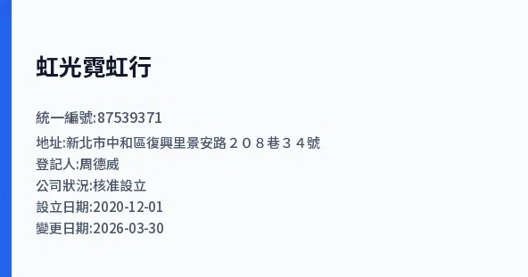 虹光霓虹行的照片-統編 87539371(新北市) 公司登記資料與營業項目詳細圖表