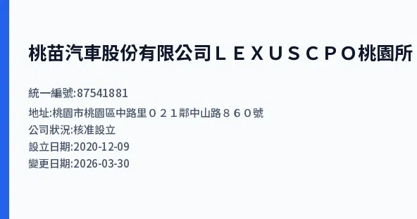 桃苗汽車股份有限公司LEXUS CPO桃園所的照片-統編 87541881(桃園市) 公司登記資料與營業項目詳細圖表