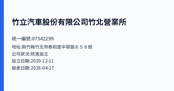 竹立汽車股份有限公司竹北營業所的照片-統編 87542299(新竹縣) 公司登記資料與營業項目詳細圖表