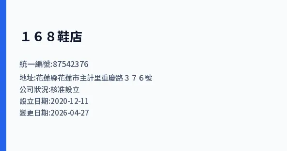 168鞋店的照片-統編 87542376(花蓮縣) 公司登記資料與營業項目詳細圖表