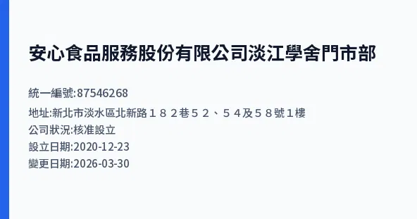 安心食品服務股份有限公司淡江學舍門市部的照片-統編 87546268(新北市) 公司登記資料與營業項目詳細圖表