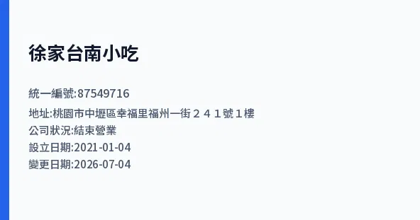 徐家台南小吃的照片-統編 87549716(桃園市) 公司登記資料與營業項目詳細圖表
