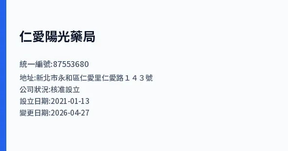 仁愛陽光藥局的照片-統編 87553680(新北市) 公司登記資料與營業項目詳細圖表