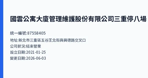 國雲公寓大廈管理維護股份有限公司三重停八場的照片-統編 87558405(新北市) 公司登記資料與營業項目詳細圖表
