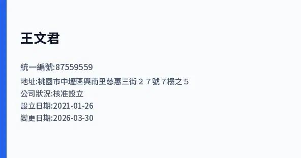 王文君的照片-統編 87559559(桃園市) 公司登記資料與營業項目詳細圖表