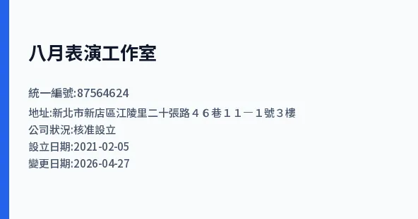 八月表演工作室的照片-統編 87564624(新北市) 公司登記資料與營業項目詳細圖表