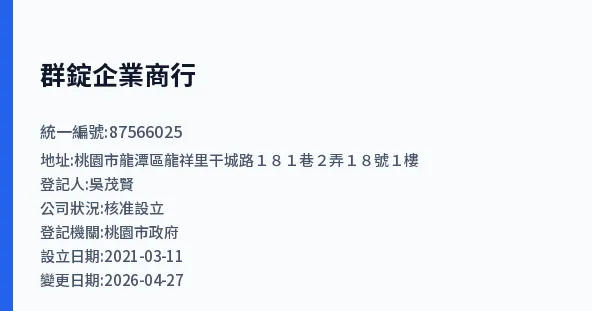 群錠企業商行的照片-統編 87566025(桃園市) 公司登記資料與營業項目詳細圖表