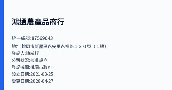 鴻通農產品商行的照片-統編 87569043(桃園市) 公司登記資料與營業項目詳細圖表