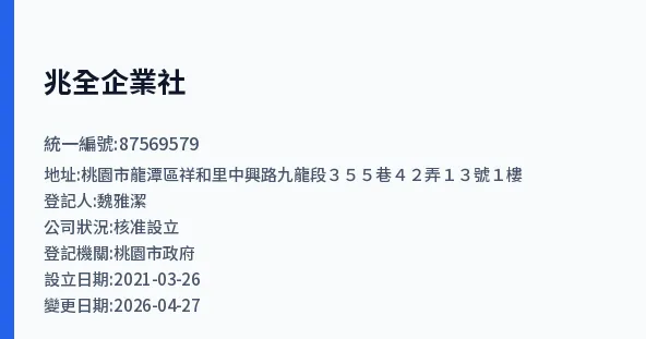 兆全企業社的照片-統編 87569579(桃園市) 公司登記資料與營業項目詳細圖表