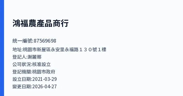 鴻福農產品商行的照片-統編 87569698(桃園市) 公司登記資料與營業項目詳細圖表