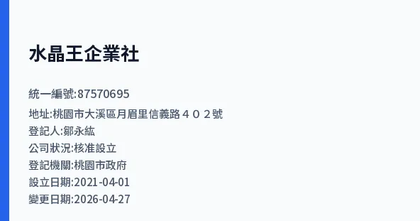 水晶王企業社的照片-統編 87570695(桃園市) 公司登記資料與營業項目詳細圖表