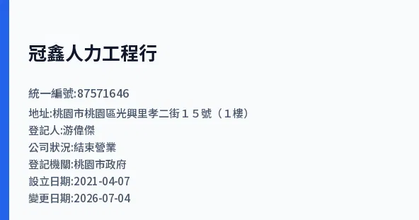 冠鑫人力工程行的照片-統編 87571646(桃園市) 公司登記資料與營業項目詳細圖表