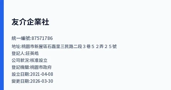 友介企業社的照片-統編 87571786(桃園市) 公司登記資料與營業項目詳細圖表