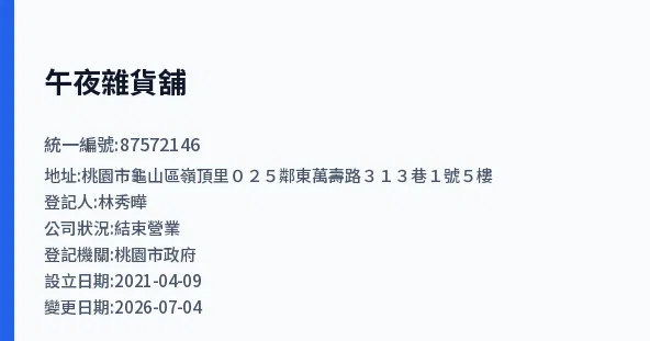午夜雜貨舖的照片-統編 87572146(桃園市) 公司登記資料與營業項目詳細圖表