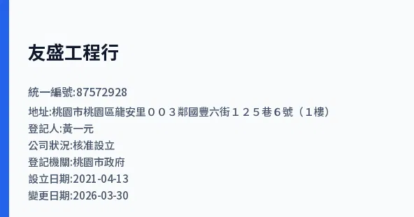 友盛工程行的照片-統編 87572928(桃園市) 公司登記資料與營業項目詳細圖表