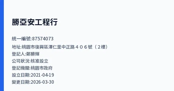 勝亞安工程行的照片-統編 87574073(桃園市) 公司登記資料與營業項目詳細圖表