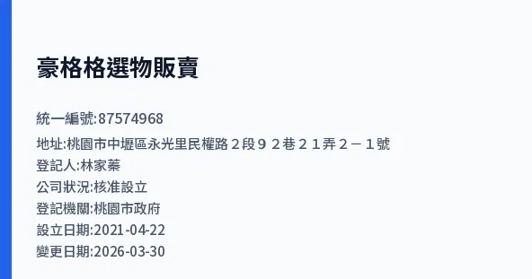 豪格格選物販賣的照片-統編 87574968(桃園市) 公司登記資料與營業項目詳細圖表