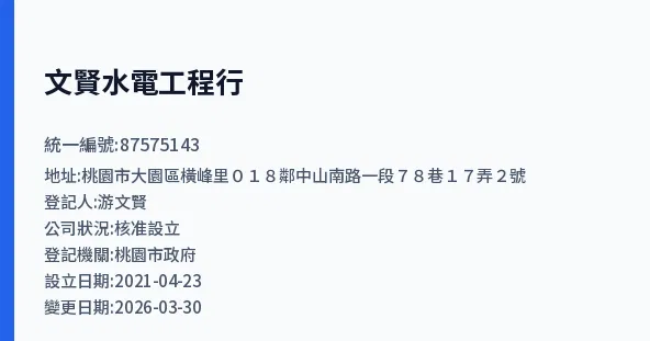文賢水電工程行的照片-統編 87575143(桃園市) 公司登記資料與營業項目詳細圖表