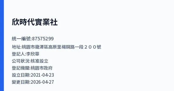 欣時代實業社的照片-統編 87575299(桃園市) 公司登記資料與營業項目詳細圖表