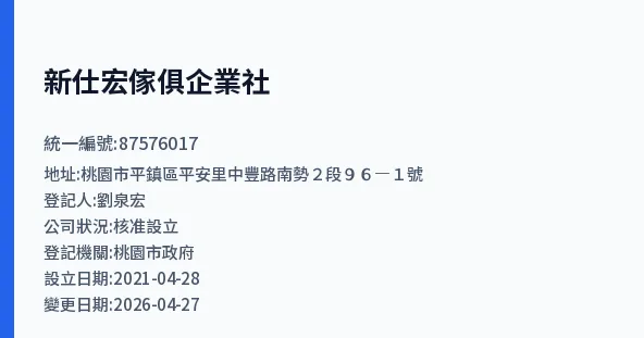 新仕宏傢俱企業社的照片-統編 87576017(桃園市) 公司登記資料與營業項目詳細圖表
