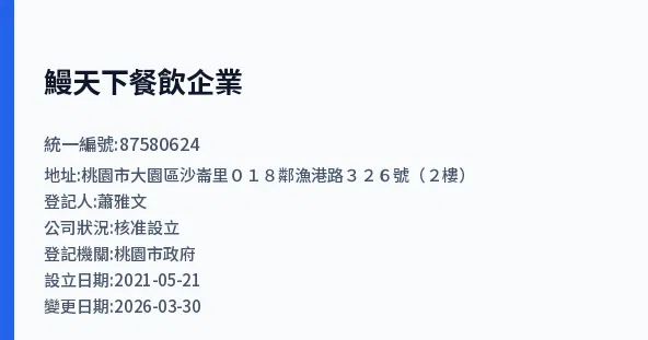 鰻天下餐飲企業的照片-統編 87580624(桃園市) 公司登記資料與營業項目詳細圖表