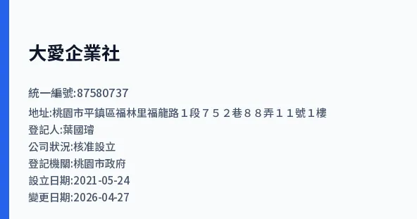 大愛企業社的照片-統編 87580737(桃園市) 公司登記資料與營業項目詳細圖表