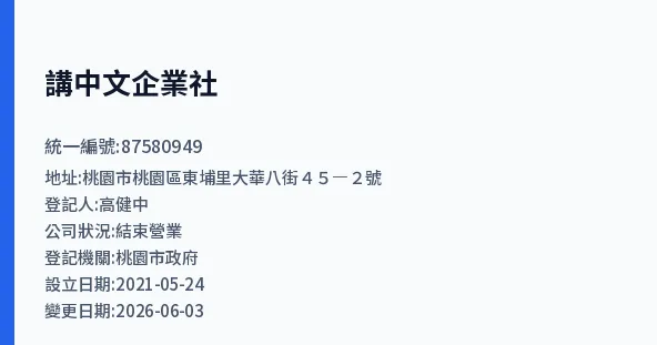 講中文企業社的照片-統編 87580949(桃園市) 公司登記資料與營業項目詳細圖表