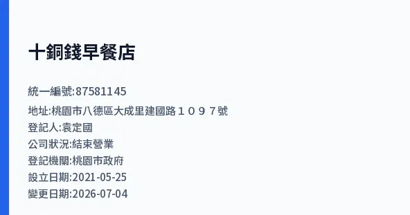 十銅錢早餐店的照片-統編 87581145(桃園市) 公司登記資料與營業項目詳細圖表