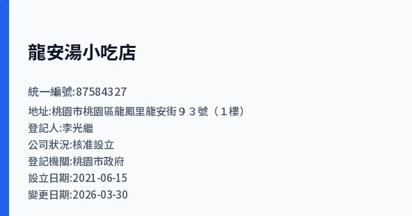 龍安湯小吃店的照片-統編 87584327(桃園市) 公司登記資料與營業項目詳細圖表
