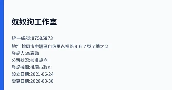 奴奴狗工作室的照片-統編 87585873(桃園市) 公司登記資料與營業項目詳細圖表