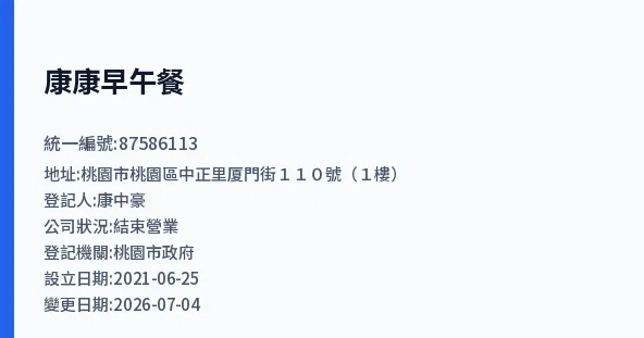 康康早午餐的照片-統編 87586113(桃園市) 公司登記資料與營業項目詳細圖表
