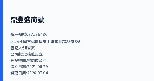 鼎豐盛商號的照片-統編 87586486(桃園市) 公司登記資料與營業項目詳細圖表