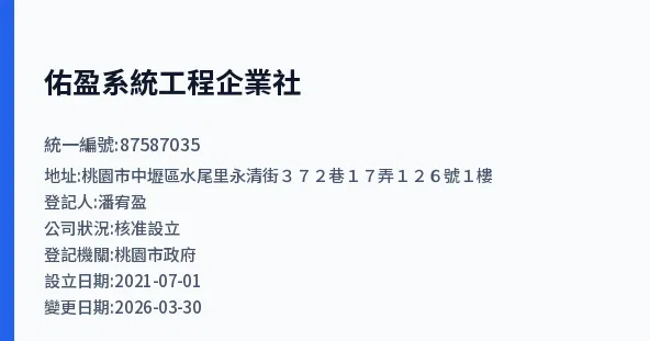 佑盈系統工程企業社的照片-統編 87587035(桃園市) 公司登記資料與營業項目詳細圖表