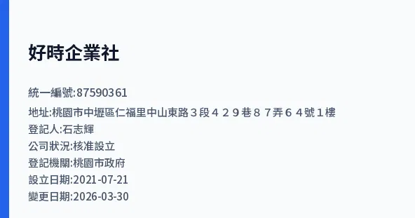 好時企業社的照片-統編 87590361(桃園市) 公司登記資料與營業項目詳細圖表
