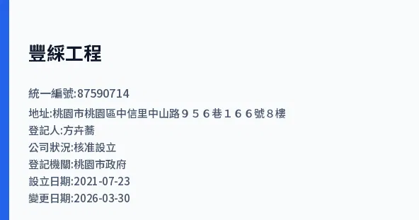豐綵工程的照片-統編 87590714(桃園市) 公司登記資料與營業項目詳細圖表