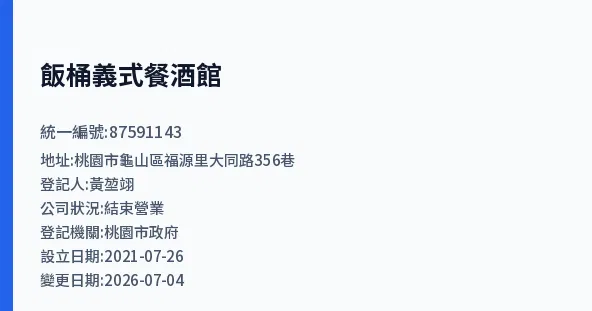 飯桶義式餐酒館的照片-統編 87591143(桃園市) 公司登記資料與營業項目詳細圖表