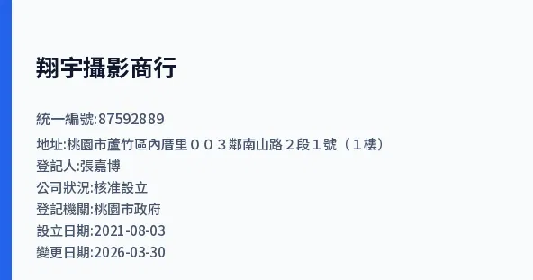 翔宇攝影商行的照片-統編 87592889(桃園市) 公司登記資料與營業項目詳細圖表