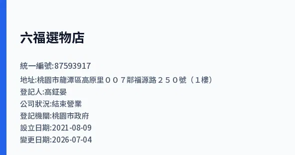 六福選物店的照片-統編 87593917(桃園市) 公司登記資料與營業項目詳細圖表