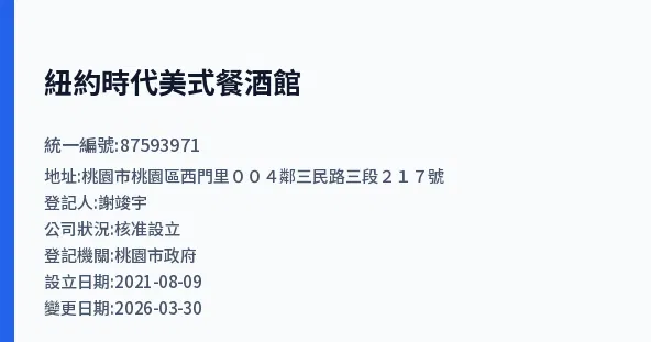 紐約時代美式餐酒館的照片-統編 87593971(桃園市) 公司登記資料與營業項目詳細圖表