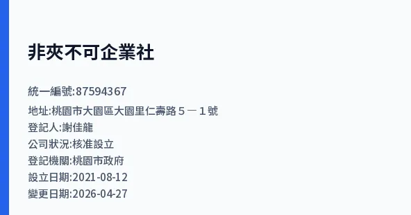 非夾不可企業社的照片-統編 87594367(桃園市) 公司登記資料與營業項目詳細圖表