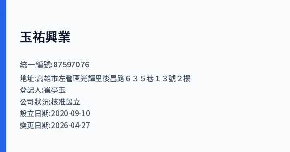 玉祐興業的照片-統編 87597076(高雄市) 公司登記資料與營業項目詳細圖表