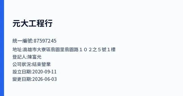元大工程行的照片-統編 87597245(高雄市) 公司登記資料與營業項目詳細圖表