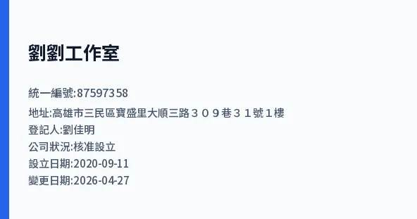劉劉工作室的照片-統編 87597358(高雄市) 公司登記資料與營業項目詳細圖表