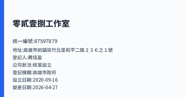 零貳壹捌工作室的照片-統編 87597879(高雄市) 公司登記資料與營業項目詳細圖表