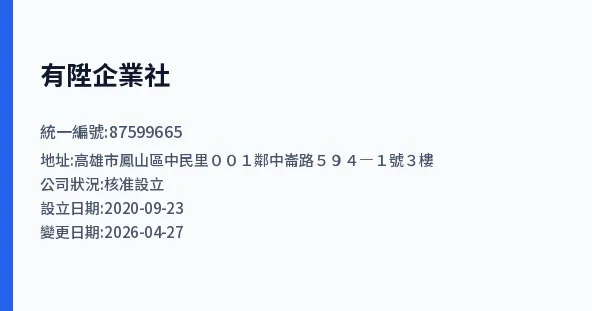 有陞企業社的照片-統編 87599665(高雄市) 公司登記資料與營業項目詳細圖表