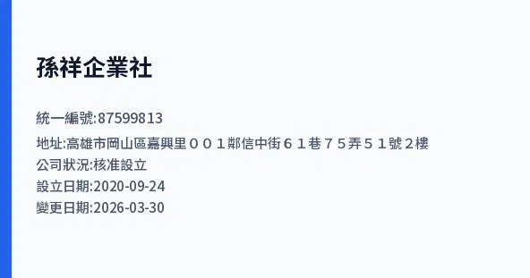 孫祥企業社的照片-統編 87599813(高雄市) 公司登記資料與營業項目詳細圖表